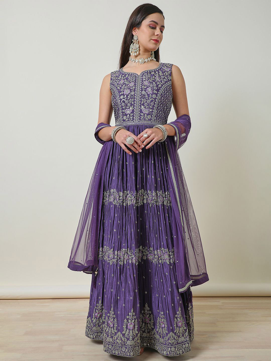Buy Soch Women Floral Embroidered Pleated Mirror Work Kurta With ...