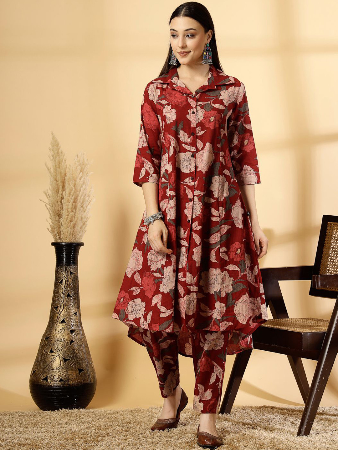 Buy Pistaa Women Floral Printed Regular Pure Cotton Kurta With Trousers ...
