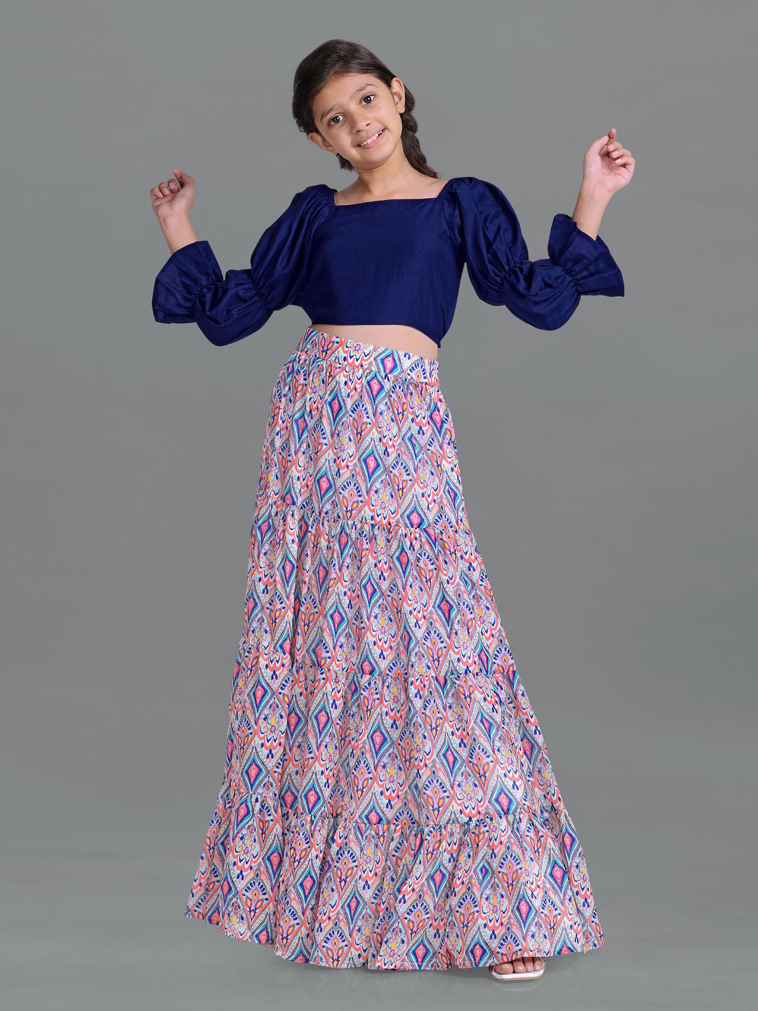 Buy BAESD Girls Square Neck Puffed Sleeves Ready To Wear Lehenga Choli ...
