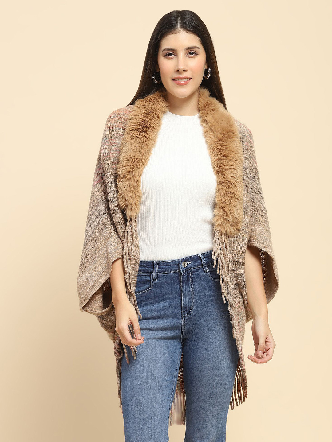 Buy Global Republic Tasselled Bohemian Asymmetric Open Front Cape Shrug ...