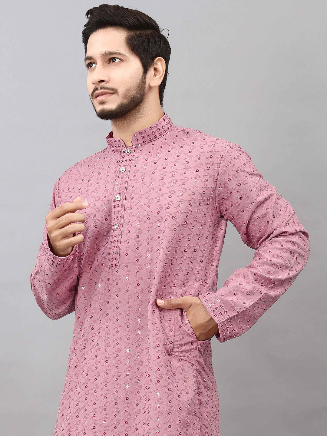 Buy ALMORA Ethnic Motifs Embroidered Mandarin Collar Pure Cotton ...