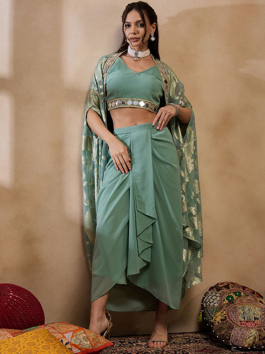 Buy MABISH By Sonal Jain Embellished V Neck Sleeveless Top With Skirt ...