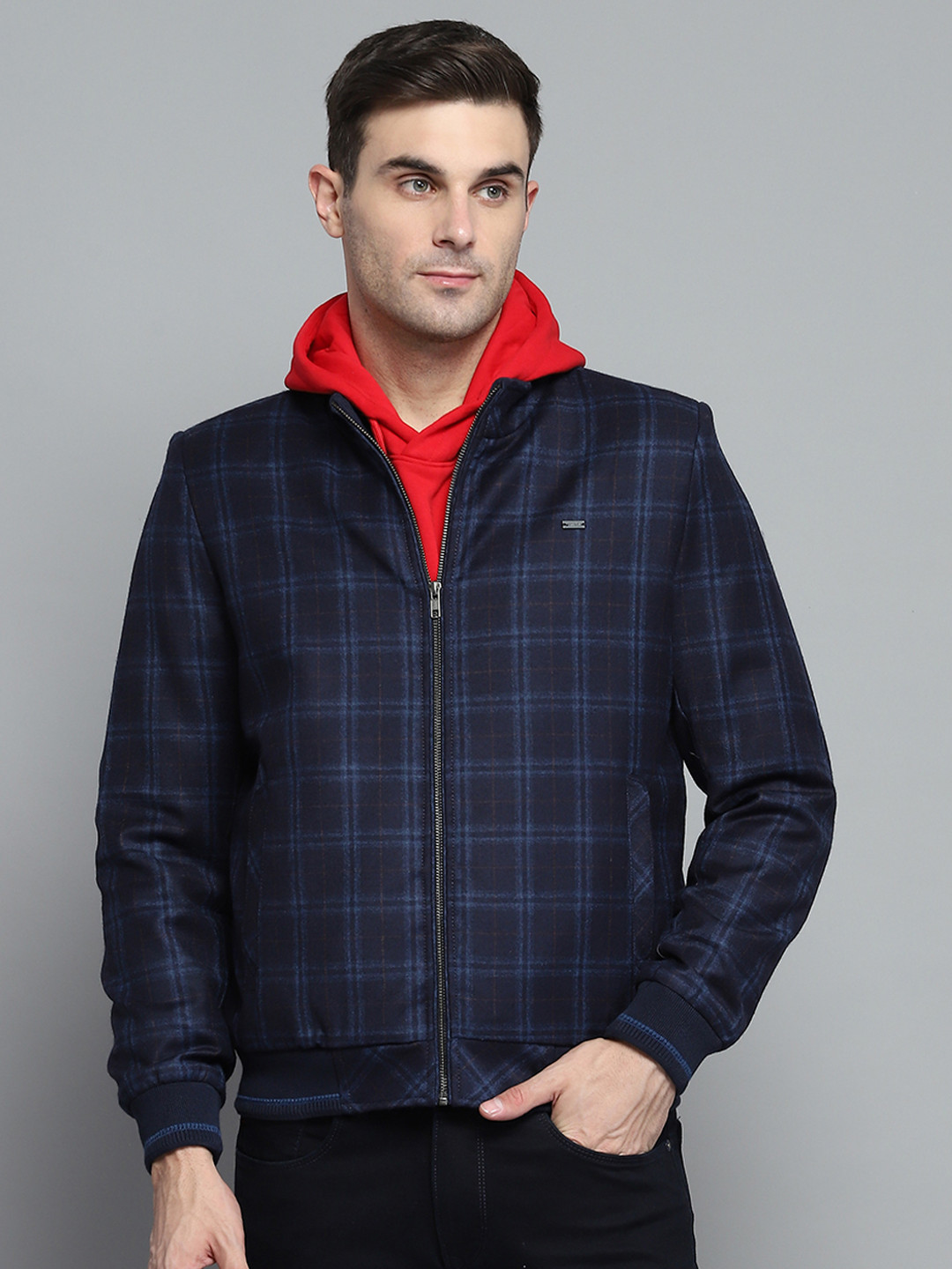 Buy Monte Carlo Men Cotton Checked Mock Neck Full Sleeves Front Open ...