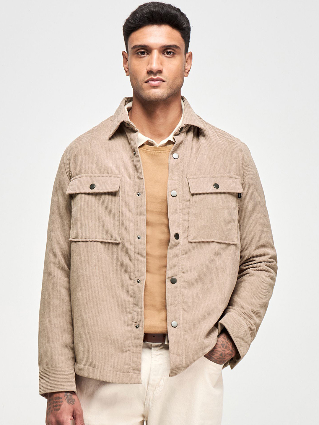 Buy Red Flame Men Solid Pocket Detailing Corduroy Shacket - Shackets ...