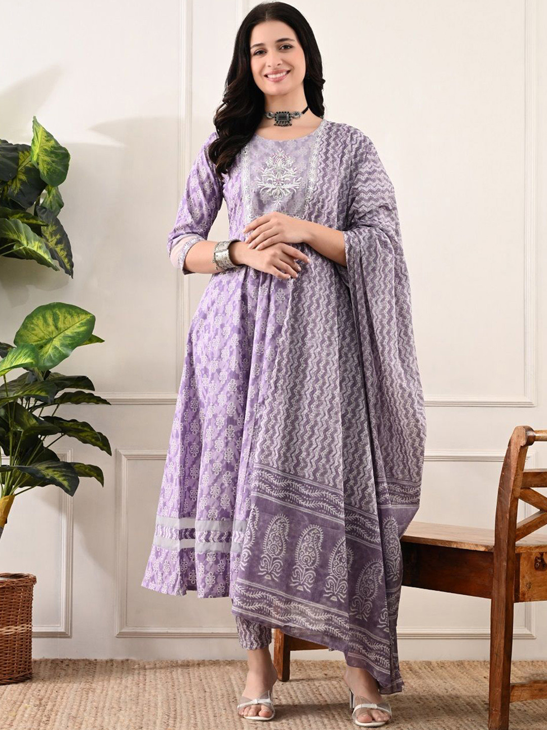 Buy DHROOV TARA Printed Regular Thread Work Pure Cotton Kurta With Trousers & Dupatta - Kurta ...