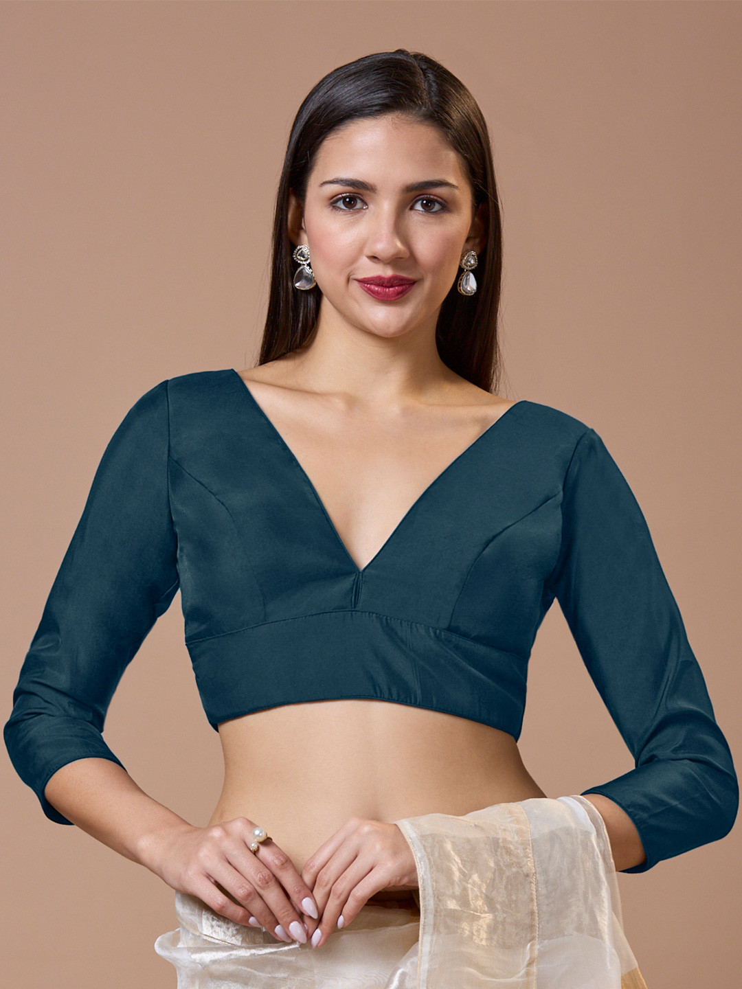 Buy SALWAR STUDIO Women V Neck Padded Three Fourth Sleeves Saree Blouse ...