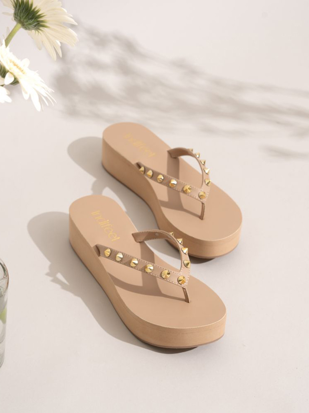 Buy Indifeet Women Embellished Open Toe Beige Thong Platform Chappals ...