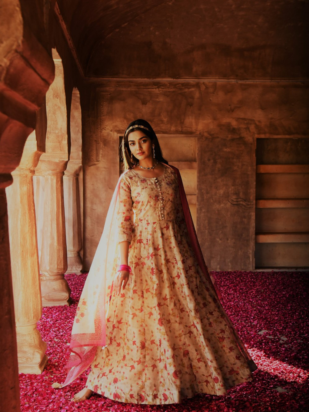 Buy KARAJ JAIPUR Floral Printed Round Neck Chanderi Silk Maxi Ethnic ...