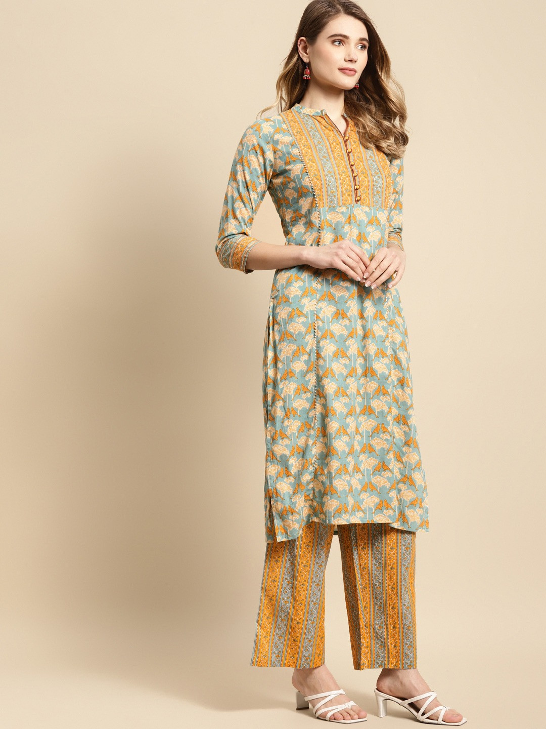 Buy Anouk Beige Floral Printed Mandarin Collar Pure Cotton Straight ...