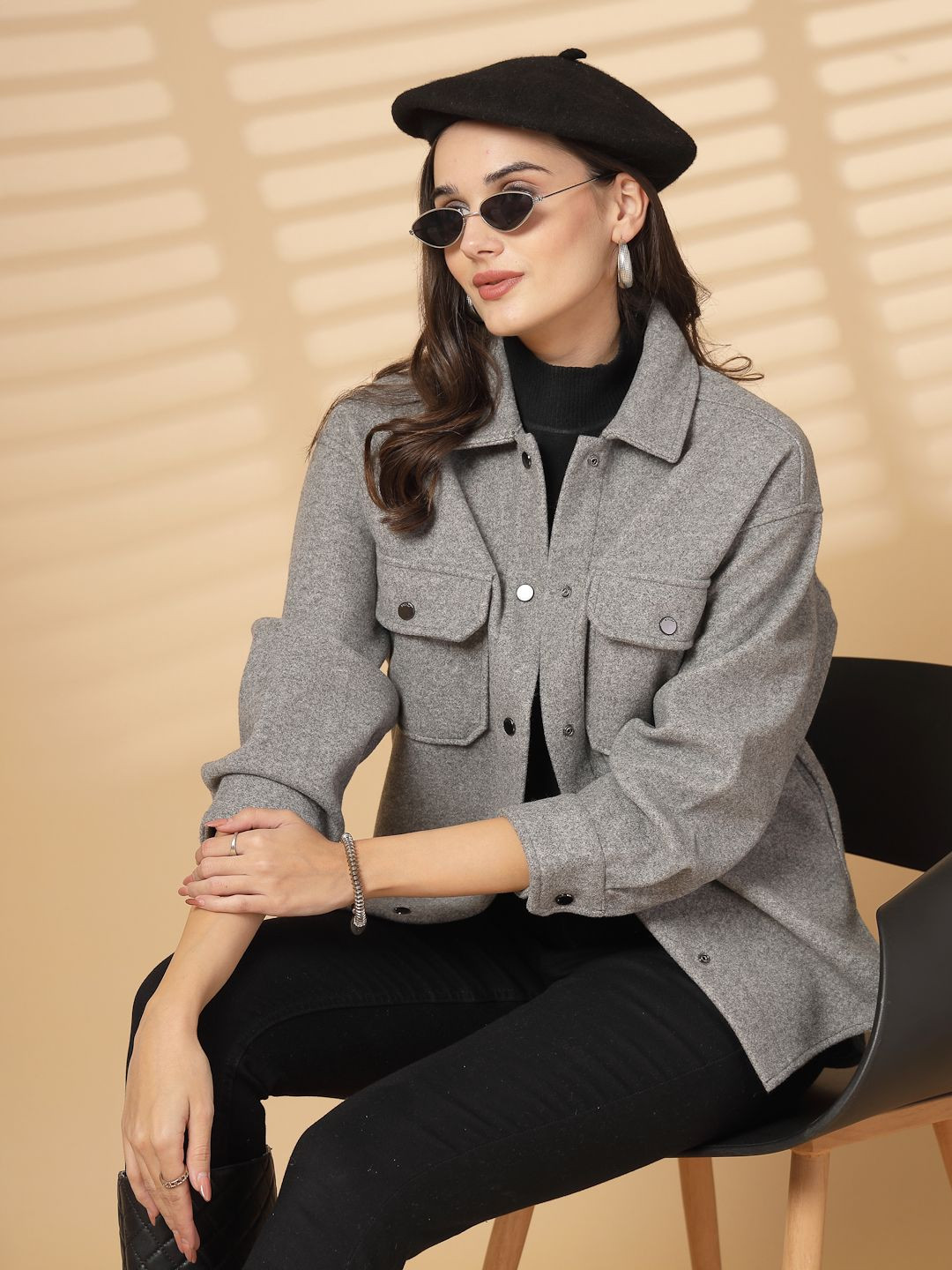 Buy Juelle Women Spread Collar Long Sleeves Shacket - Shackets for ...