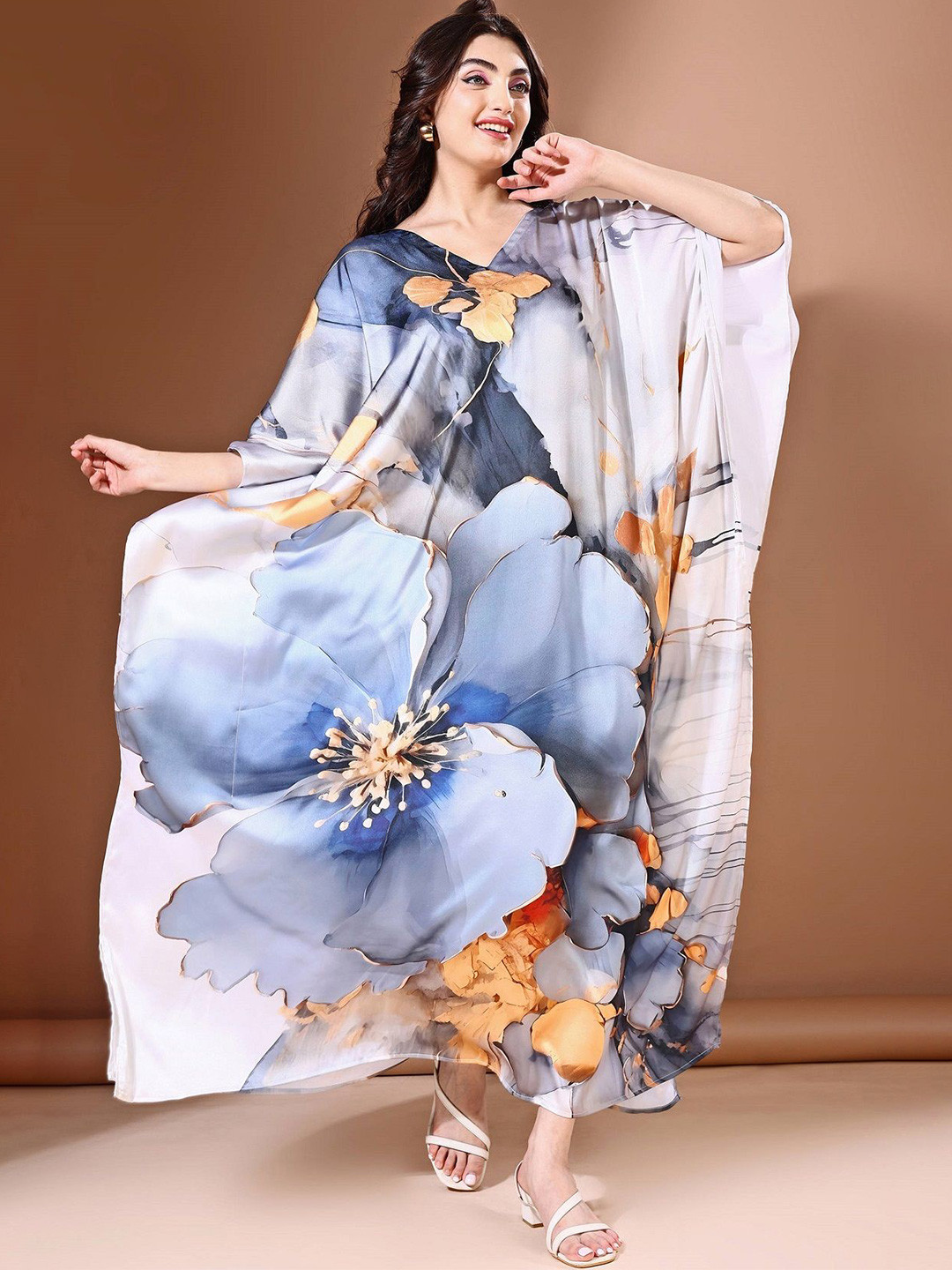 Buy LABEL AARNA Moonlight Ash Soft Satin Kaftan With Digital Print ...