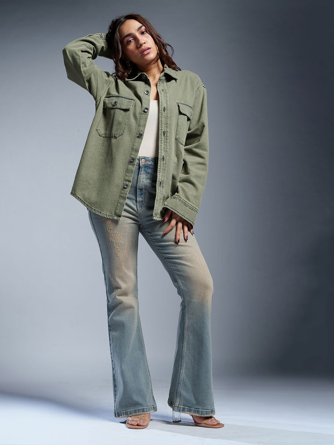 Buy FREAKINS Women Spread Collar Solid Oversized Denim Shacket ...