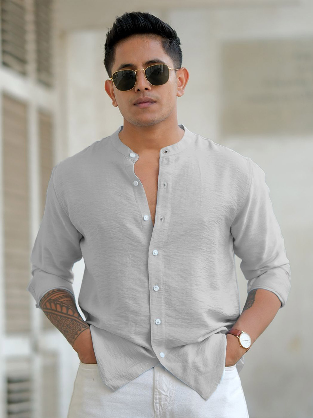 Buy Powerlook Men Band Collar Solid Casual Shirt - Shirts for Men ...