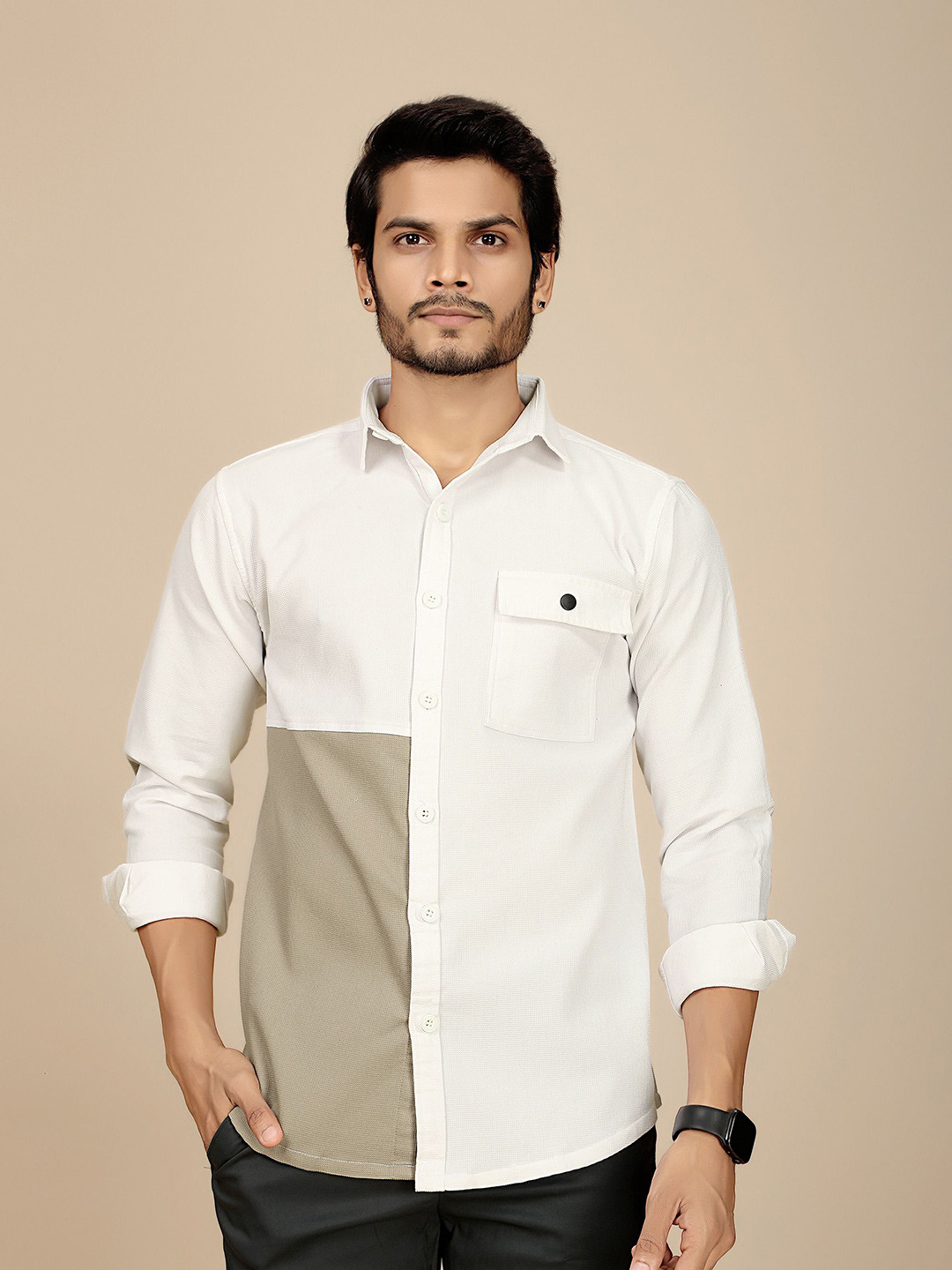 Buy JOSE N POSE Men Premium Tailored Fit Spread Collar Colourblocked ...