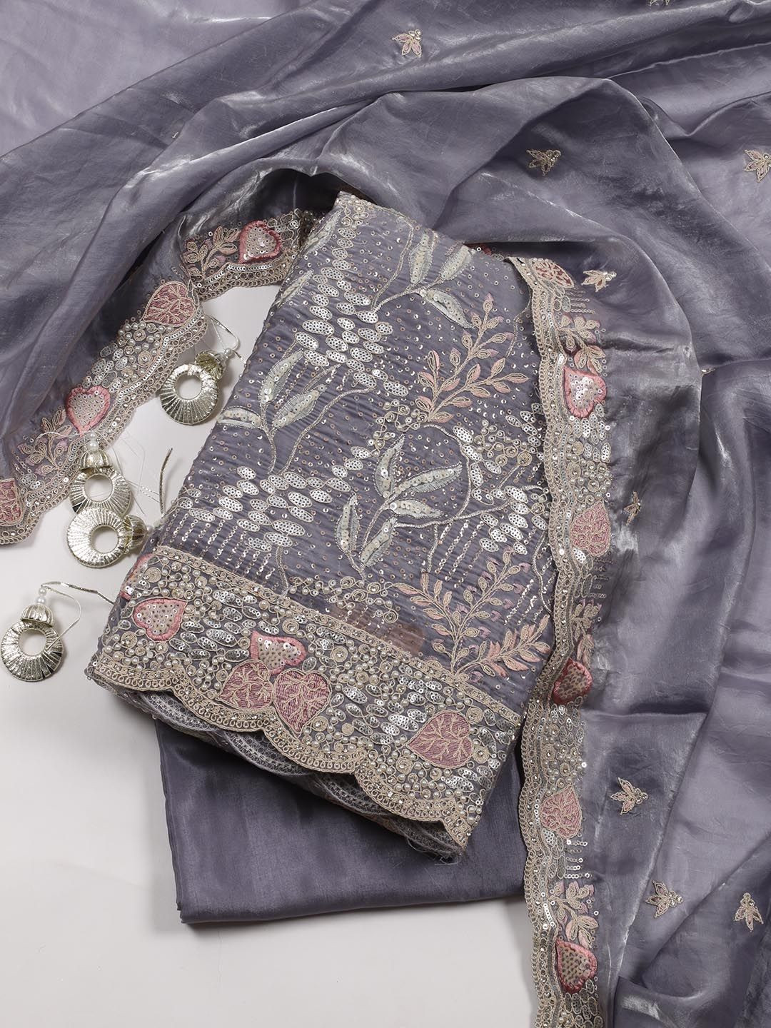 Buy Meena Bazaar Ethnic Motifs Embroidered Sequinned Organza Unstitched ...