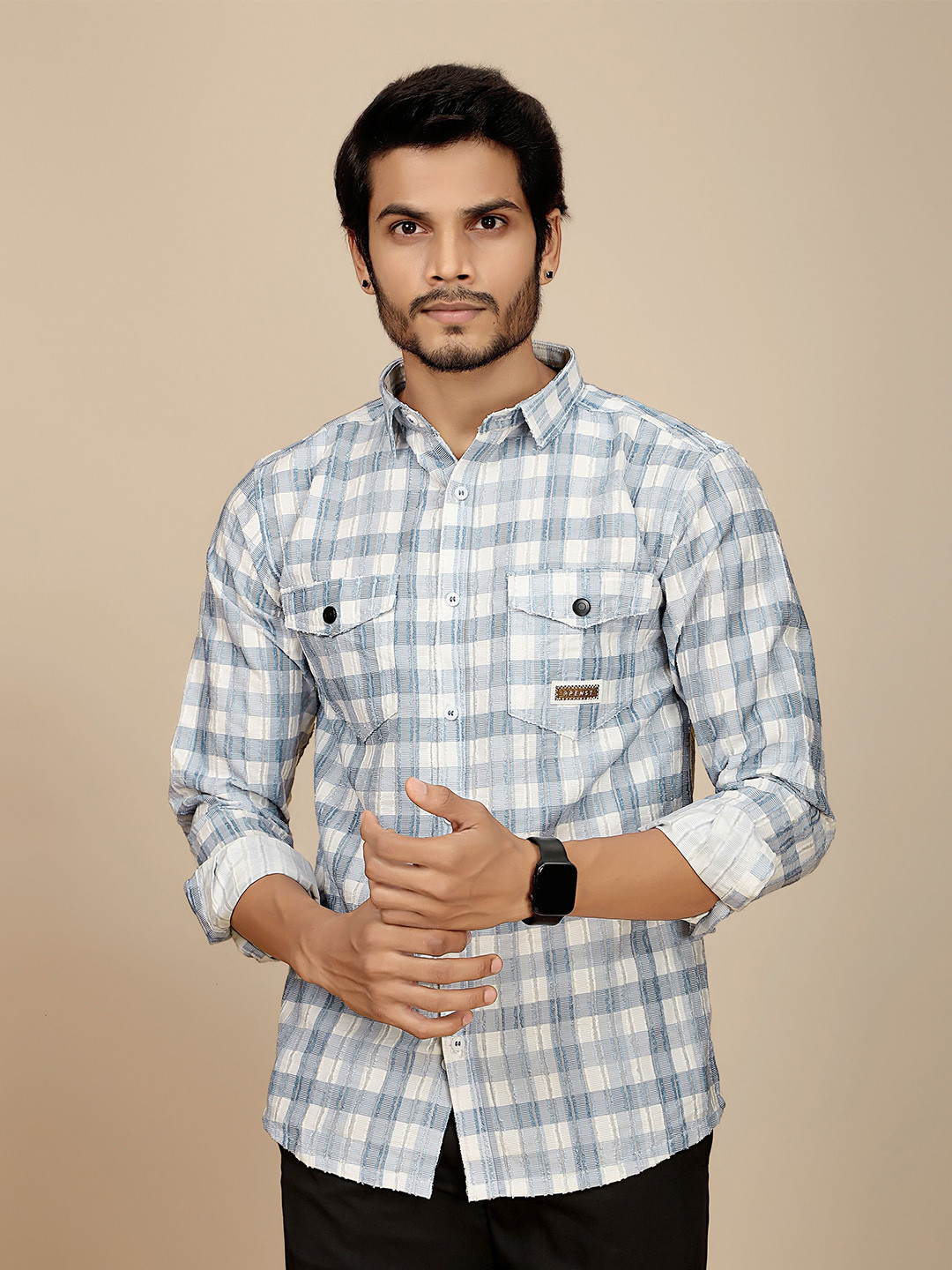 Buy JOSE N POSE Men Premium Tailored Fit Spread Collar Gingham Checked ...