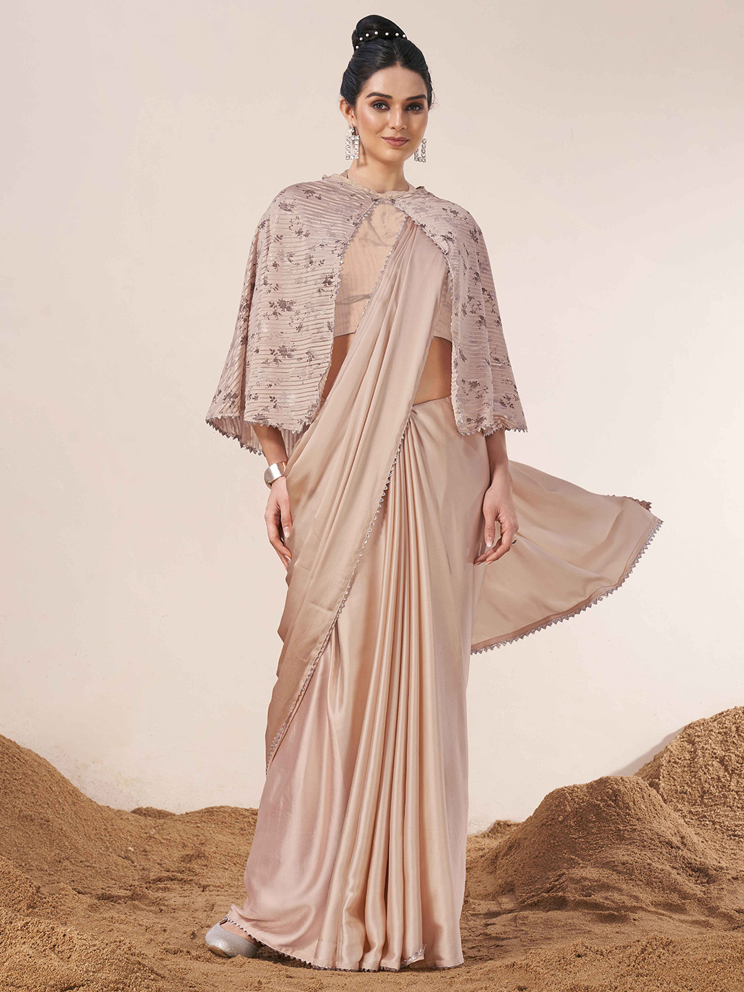 Buy Tikhi Imli Women Embellished Satin Saree With Cape - Sarees for ...