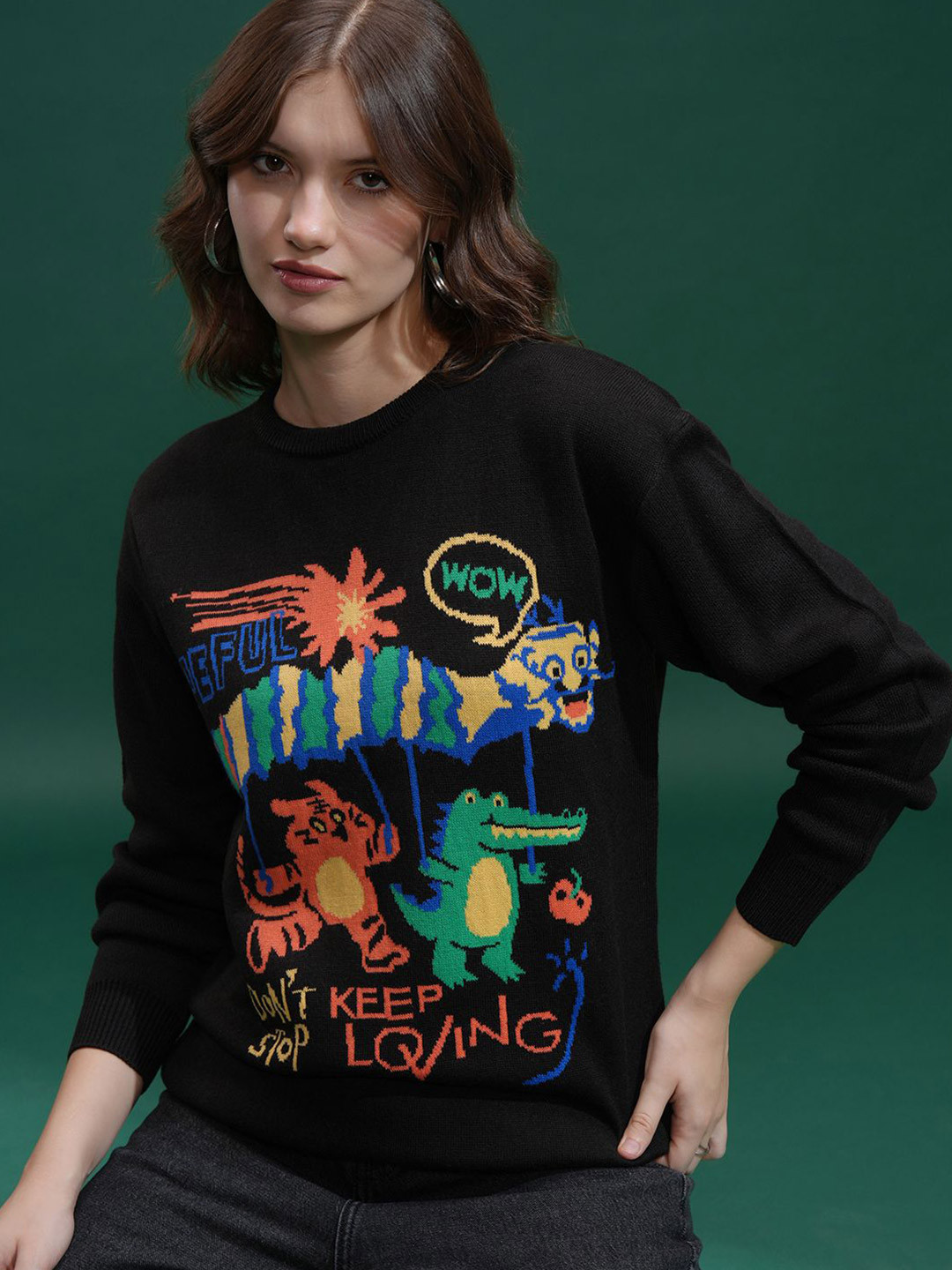 Buy Tokyo Talkies Women Round Neck Self Design Printed Sweater ...