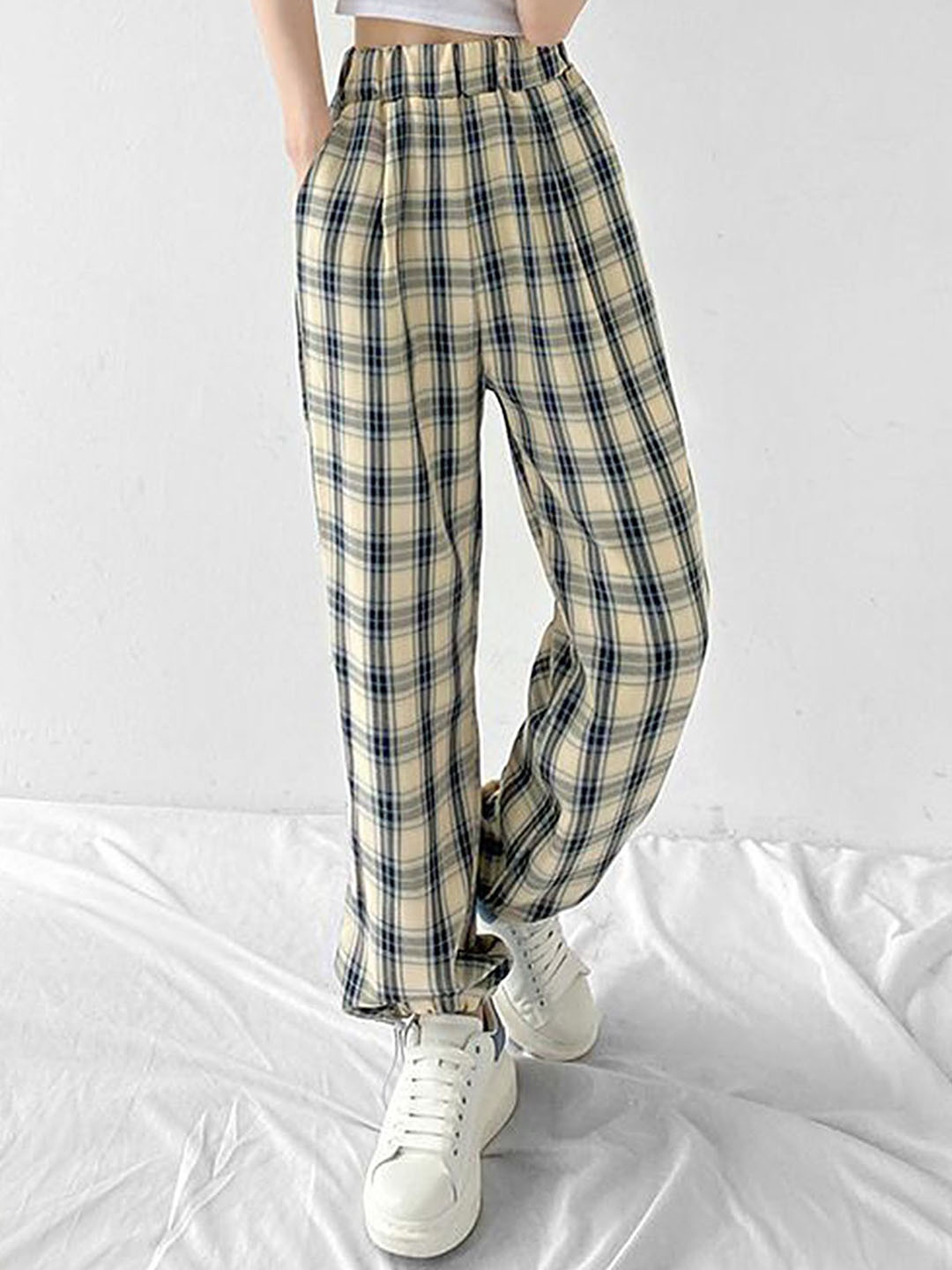 Buy LULU & SKY Women Checked Straight Fit High Rise Slip On Trousers ...