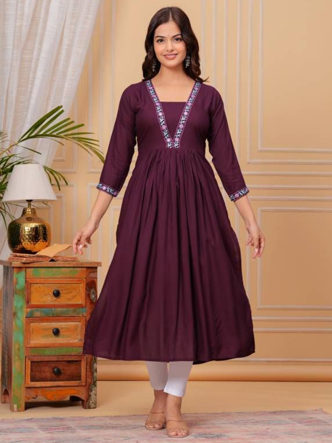 Buy KIAARON Floral Yoke Design Thread Work Square Neck Pleated A Line ...