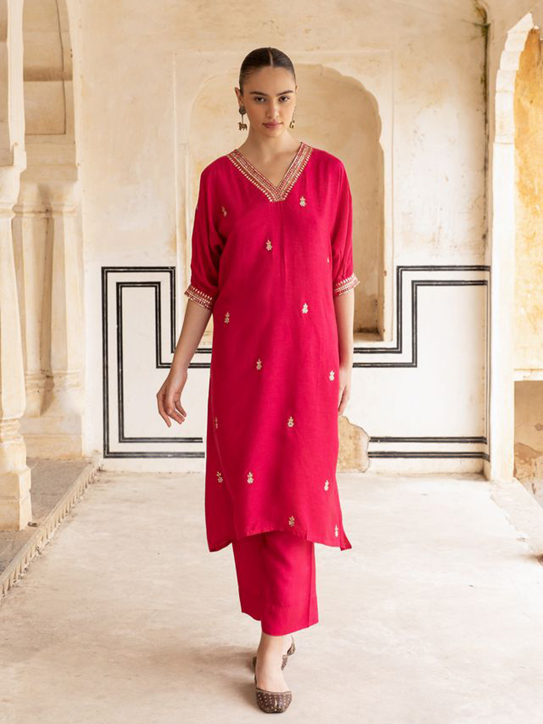 Buy KARAJ JAIPUR Ethnic Motifs Embroidered Empire Chanderi Cotton Kurta ...