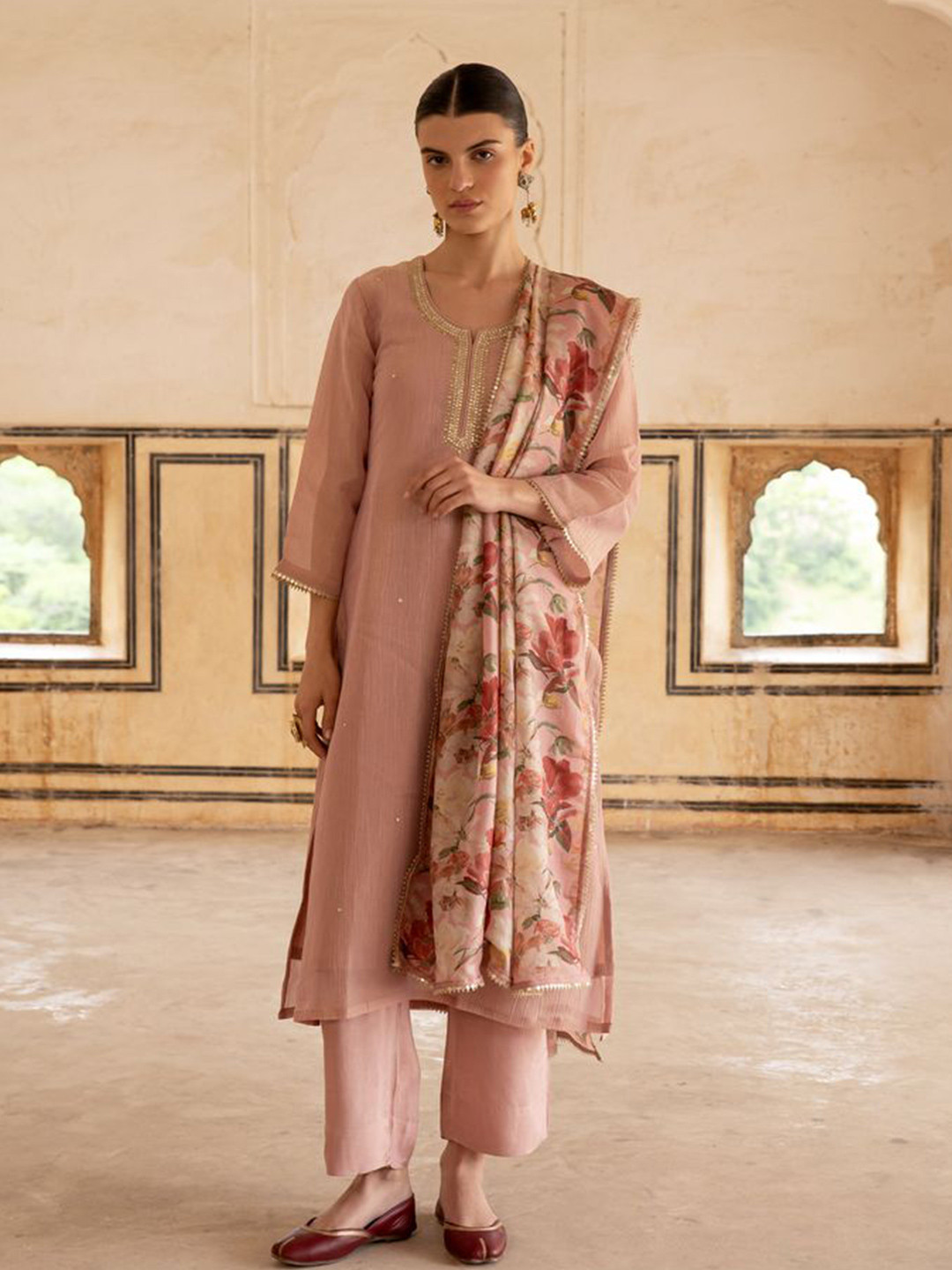 Buy KARAJ JAIPUR Yoke Design Regular Mirror Work Chanderi Cotton Kurta ...