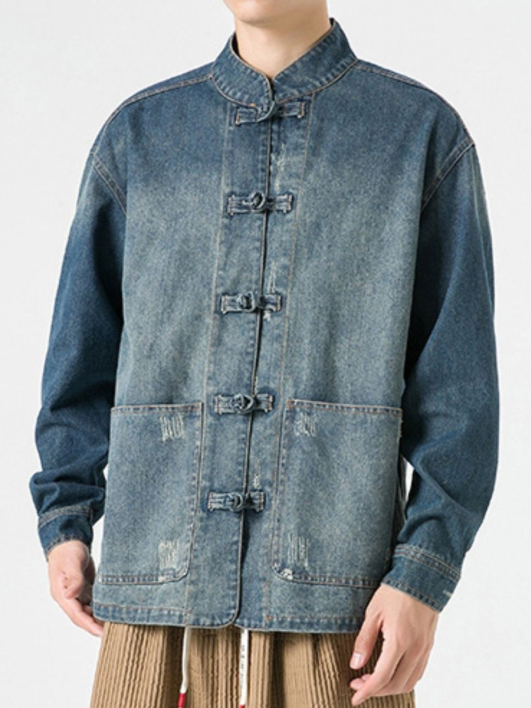 Buy HERE&NOW Men Mandarin Collar Washed Self Design Casual Denim Jacket ...