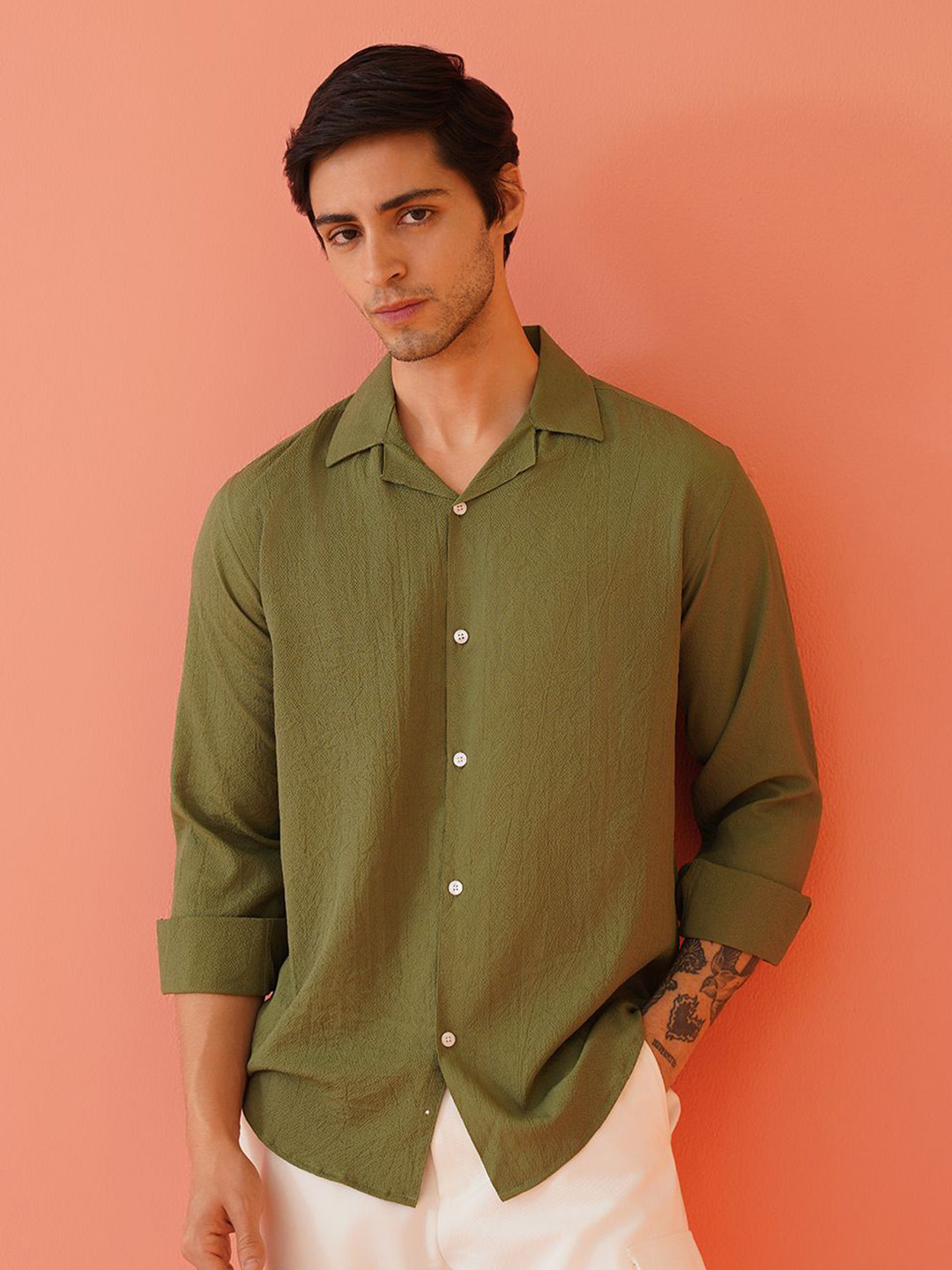 Buy Indian Needle Men Classic Cuban Collar Textured Cotton Casual Shirt ...