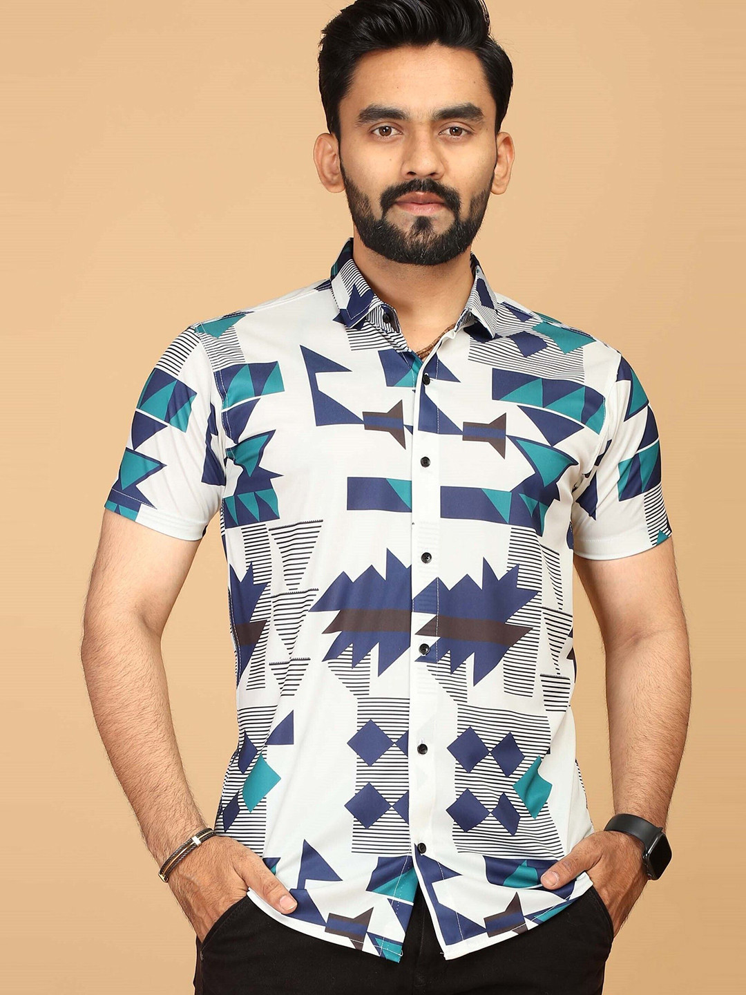 Buy STI Men Classic Spread Collar Geometric Printed Slim Fit Casual ...