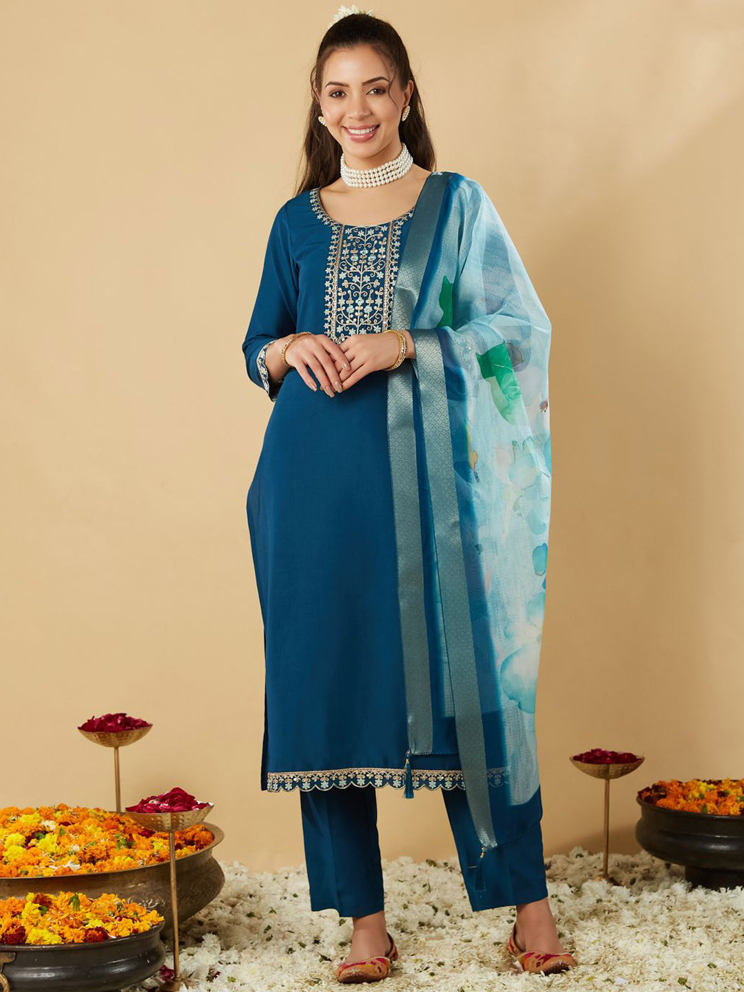 Buy MOKOSH Floral Embroidered Sequinned Straight Kurta With Trousers & Dupatta - Kurta Sets for ...