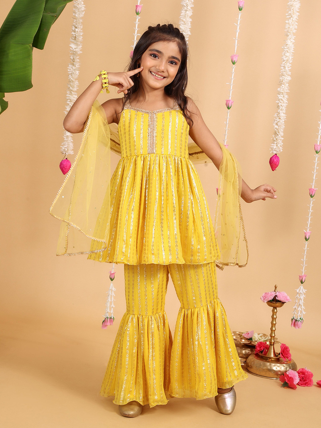 Buy MASTARANG Girls Striped Woven Design Shoulder Straps Anarkali Kurta ...