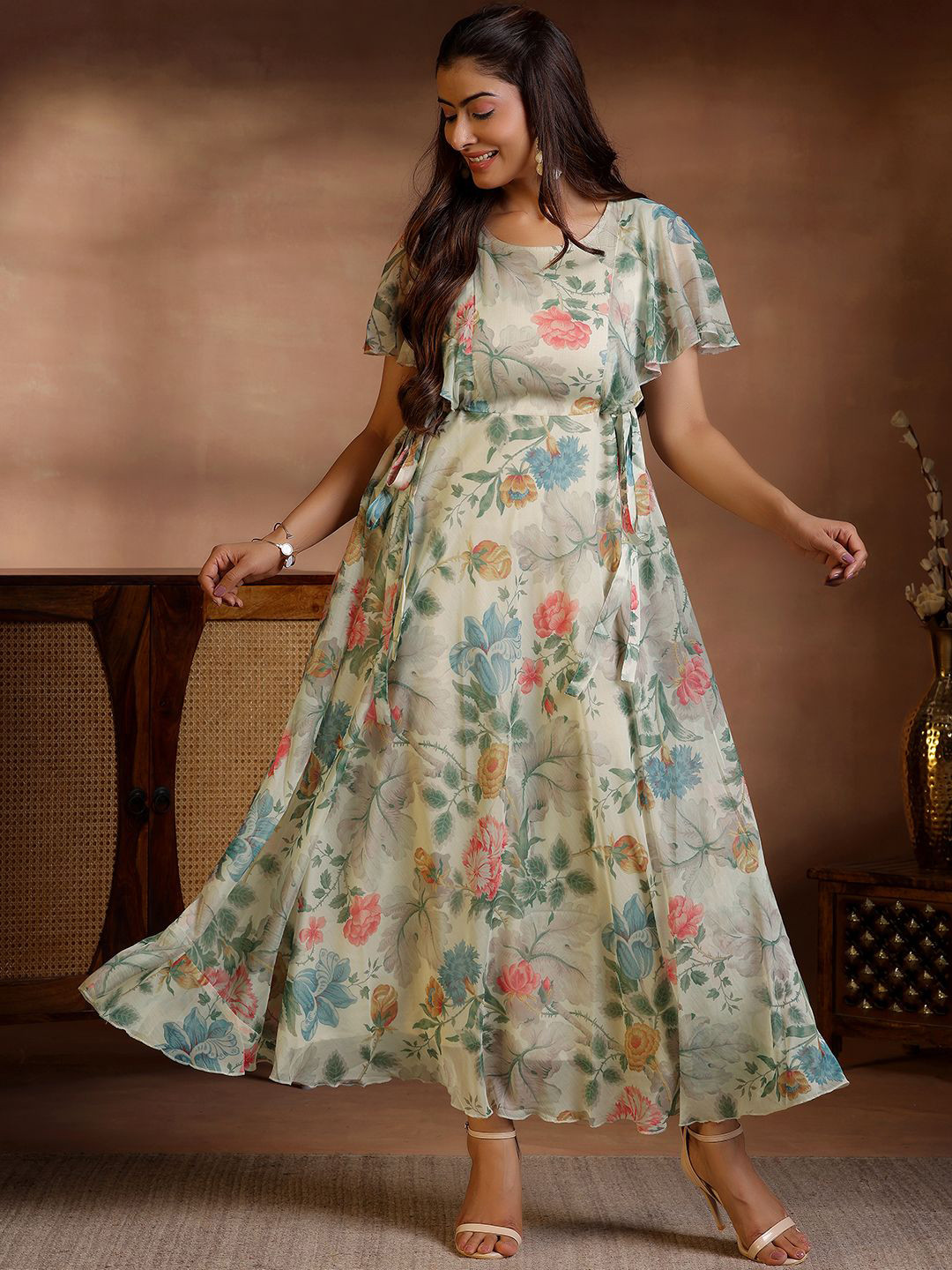 Buy Libas Floral Printed Flutter Sleeve Chiffon Maxi Midi Dress ...