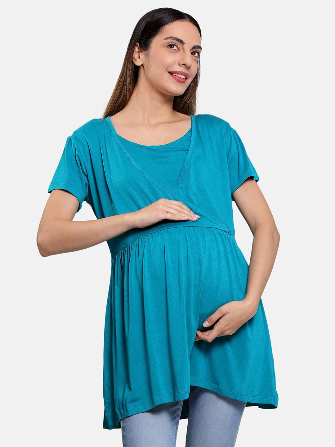 Buy MINI KLUB Women Woven Puff Sleeves Gathered Detail Longline ...