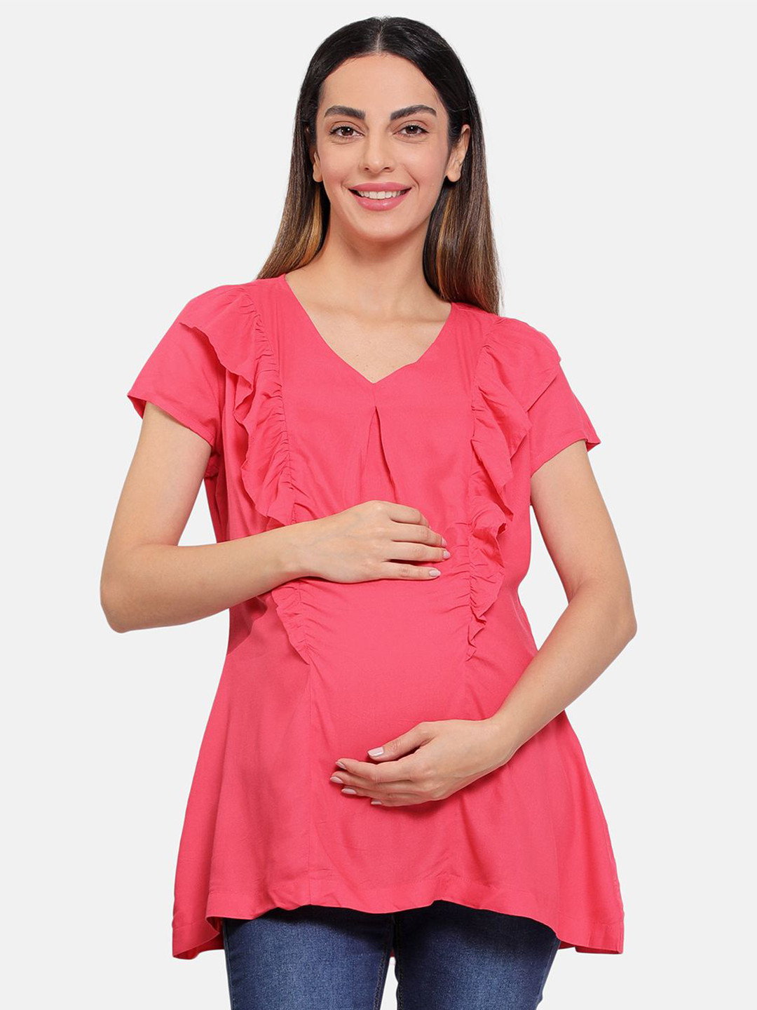 Buy MINI KLUB Women V Neck Ruffles Detail Woven A Line Longline ...