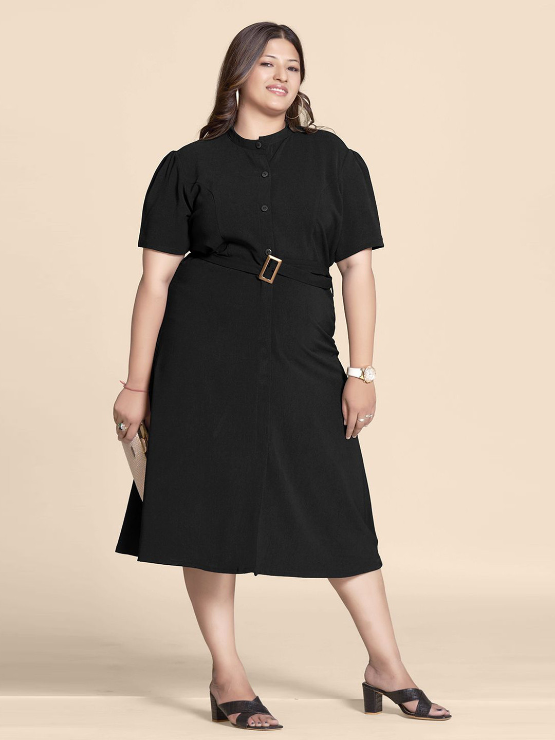 Buy Curvy Lane Plus Size A Line Midi Dress With Belted Detail - Dresses ...
