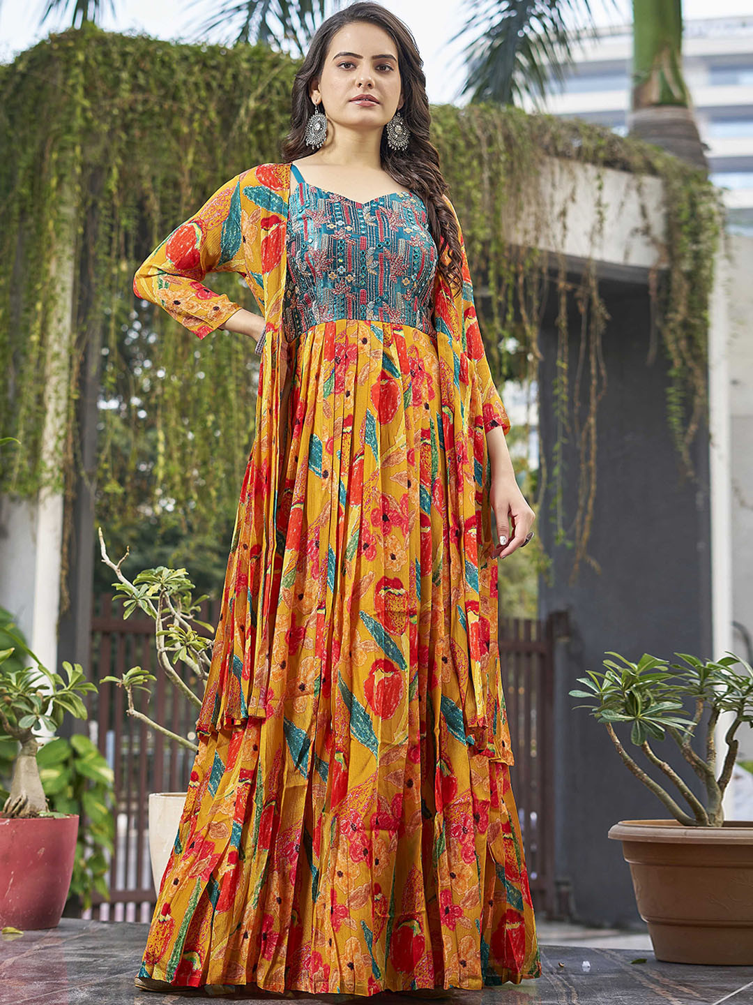 Buy CHANSI Floral Printed Ethnic Dresses With Shrug - Ethnic Dresses ...