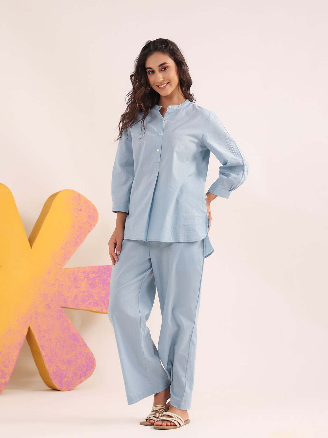 Buy JISORA Band Collar Pure Cotton Collar Top With Trousers - Co Ords ...