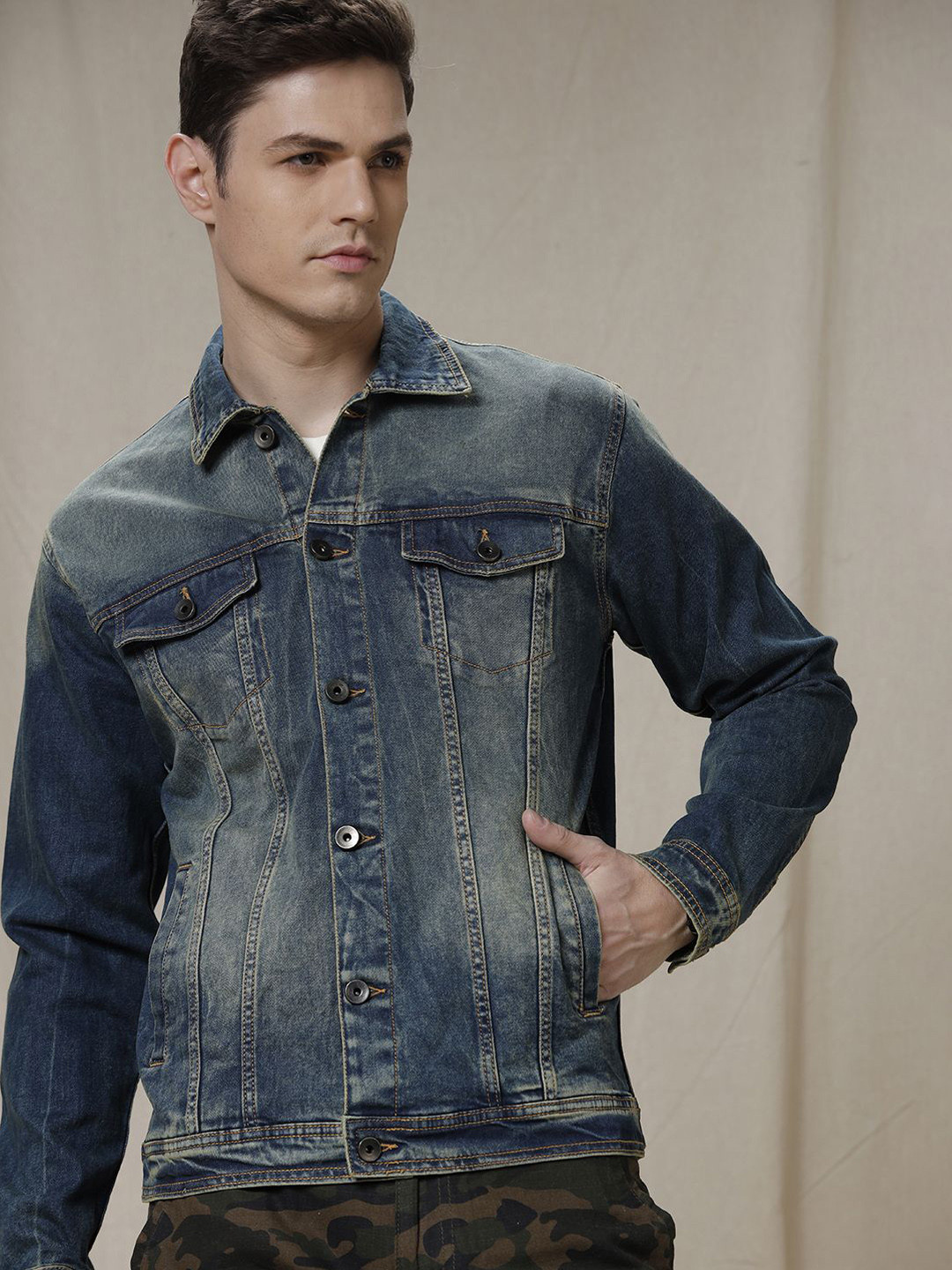 Buy WROGN Men Washed Checked Crop Denim Jacket With Patchwork - Jackets ...