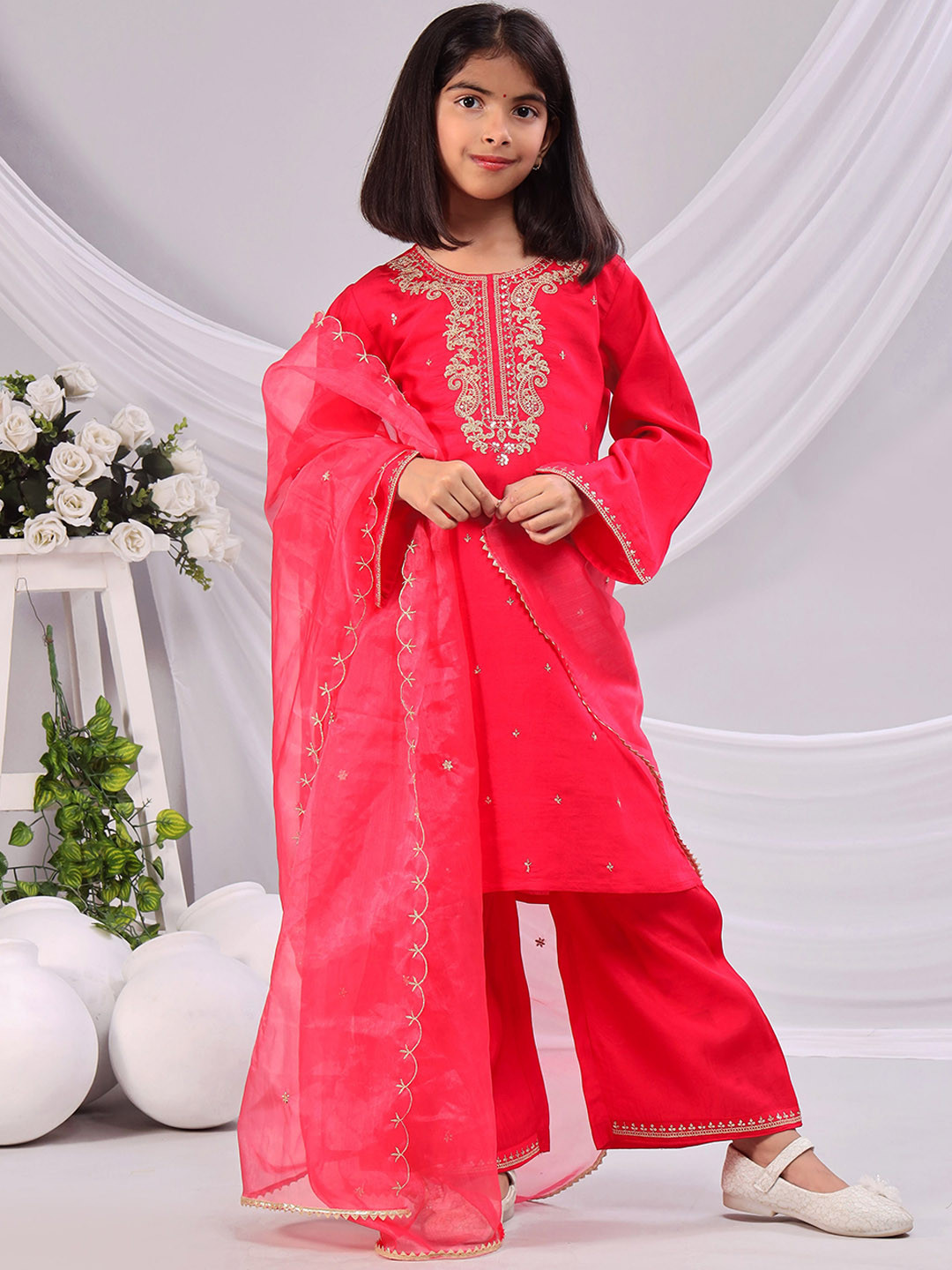 Buy BAESD Girls Floral Embroidered Regular Sequinned Straight Kurti ...