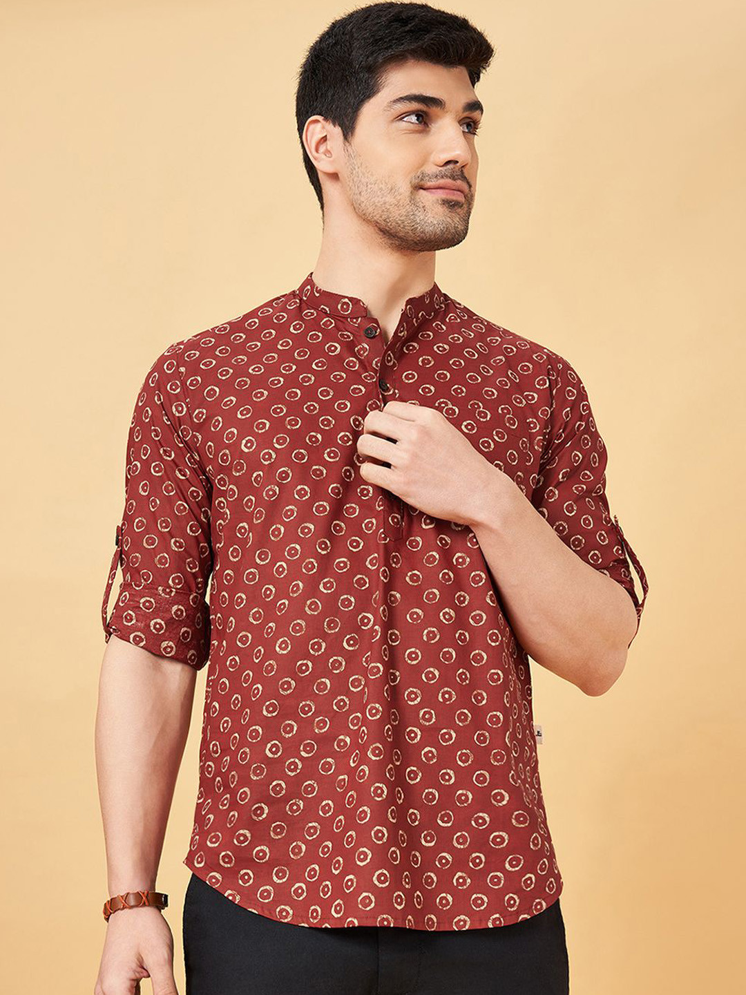 Buy Indus Route By Pantaloons Mandarin Collar Geometric Printed Cotton ...
