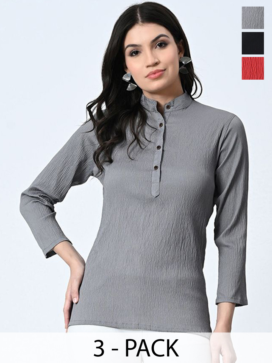 Buy BAESD Pack Of 3 Self Design Mandarin Collar Crepe Tops - Tops for ...