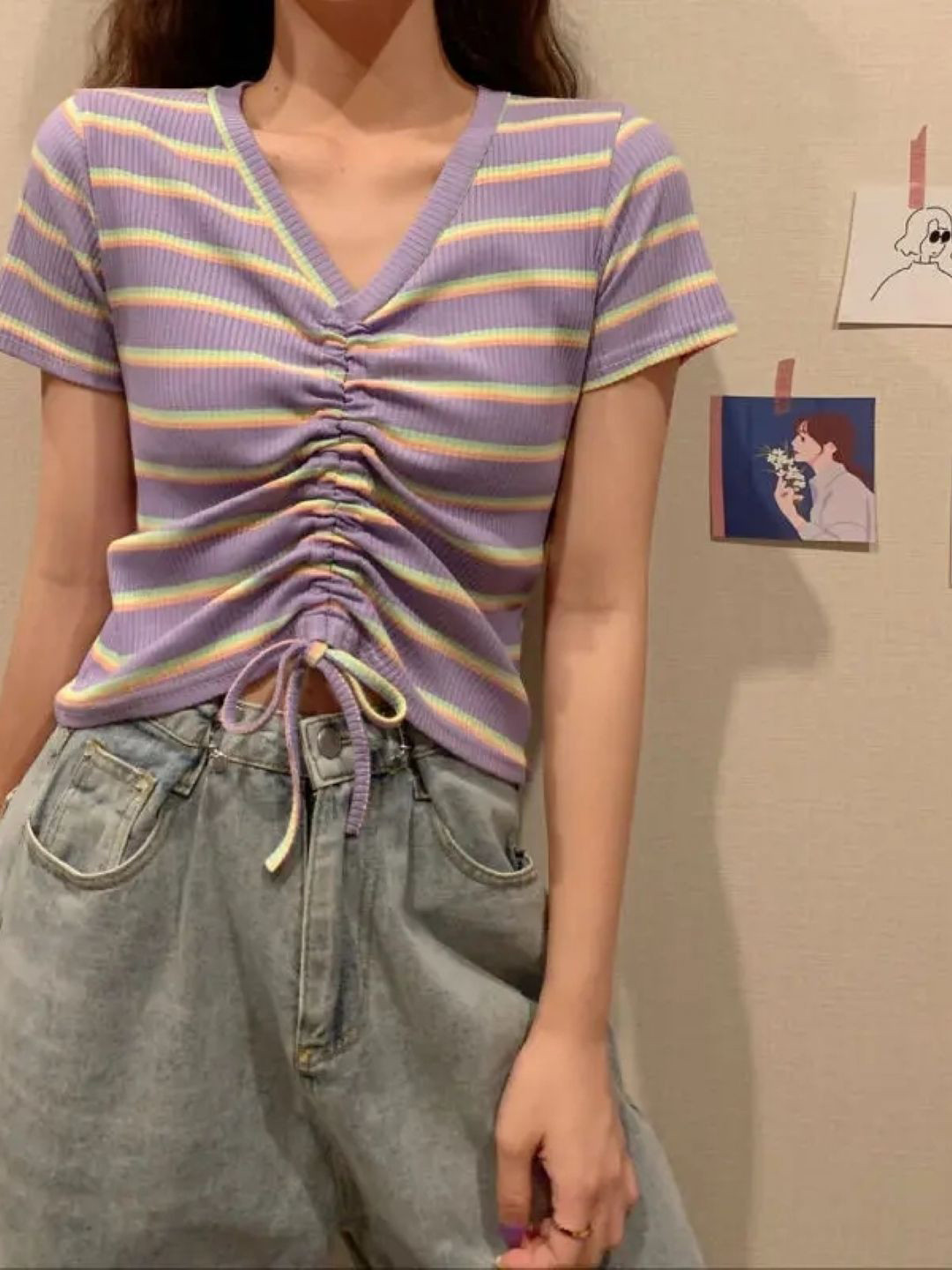 Buy KPOP Women Horizontal Striped Ruched Regula Top - Tops for Women ...