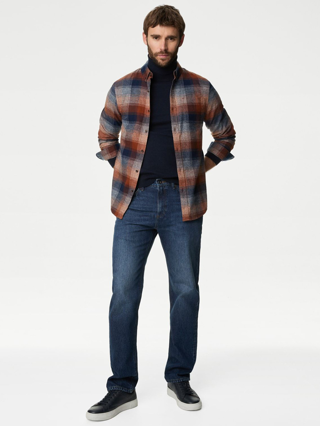 Buy Marks & Spencer Men Spread Collar Buffalo Checked Cotton Casual ...