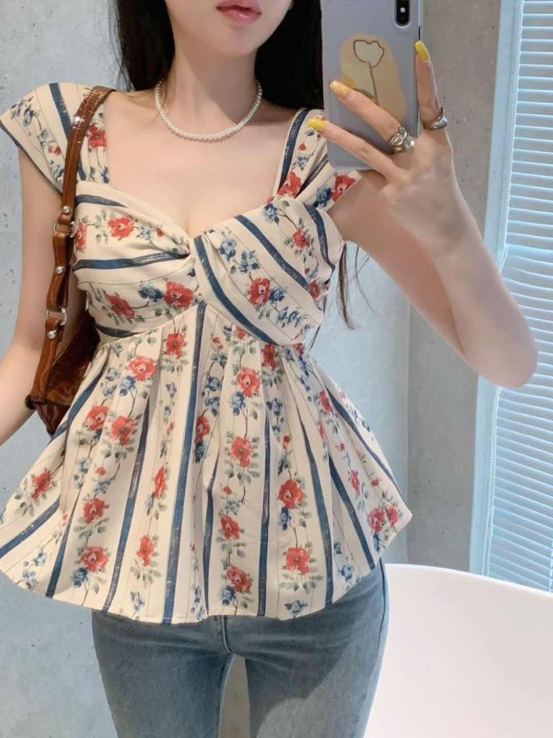 Buy KPOP Women Floral Printed Sweetheart Neck Top - Tops for Women ...