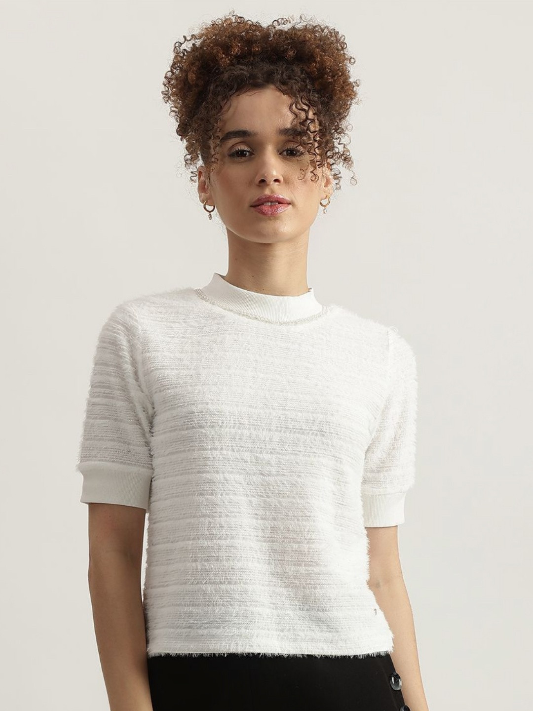 Buy ELLE Pure Cotton Knitted Self Design Fuzzy Top - Tops for Women ...