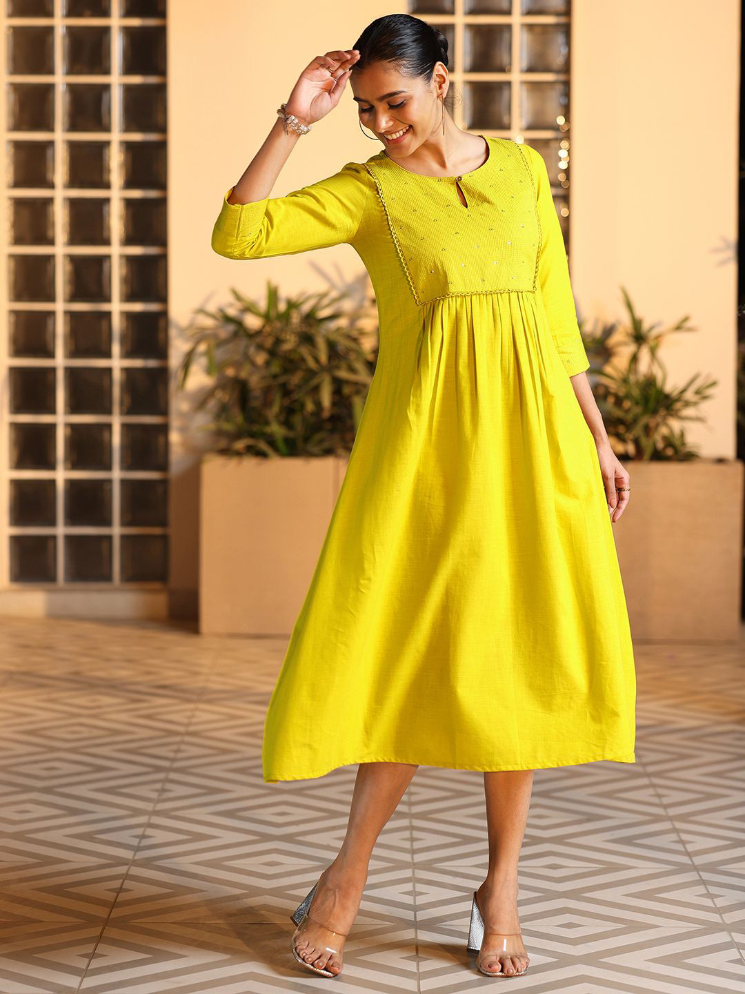 Buy Libas Women Embellished A Line Midi Gathered Or Pleated Cotton ...