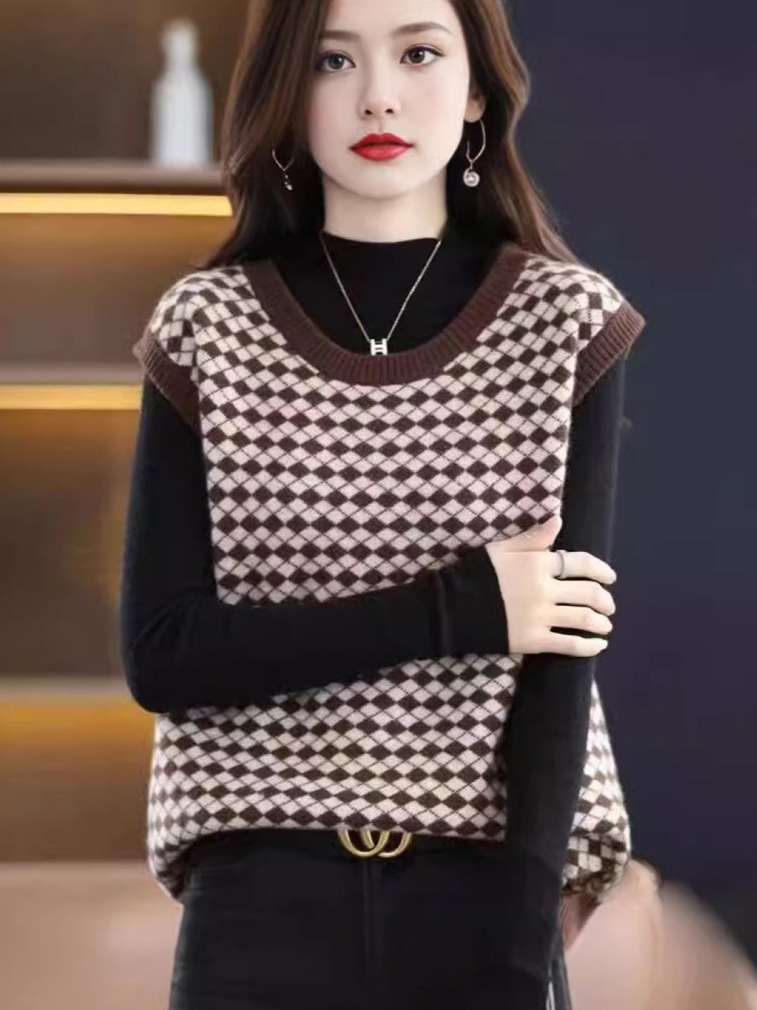 Buy KPOP Women Checked Scoop Neck Sleeveless Pullover Sweaters ...
