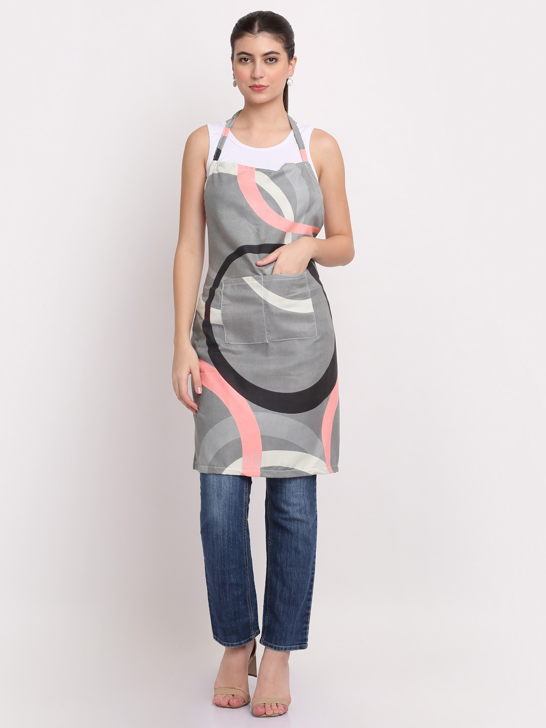 Buy Arrabi Grey & Black Geometric Printed Cotton Aprons With Pockets ...