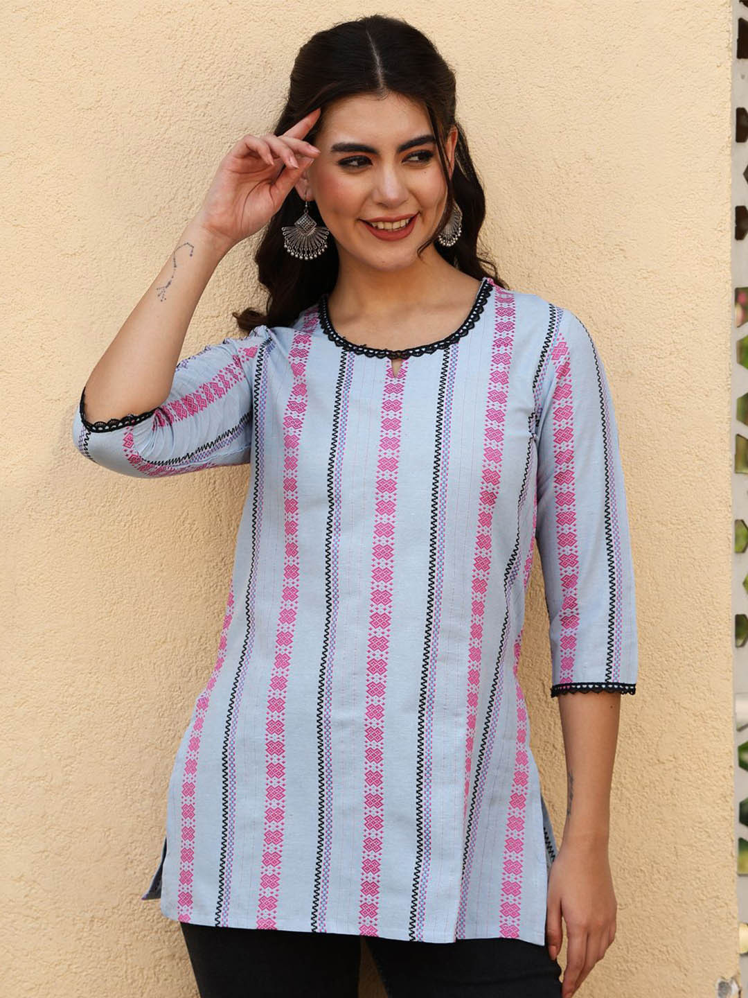 Buy AKIMIA Women Striped Printed Round Neck Kurti - Kurtis for Women ...