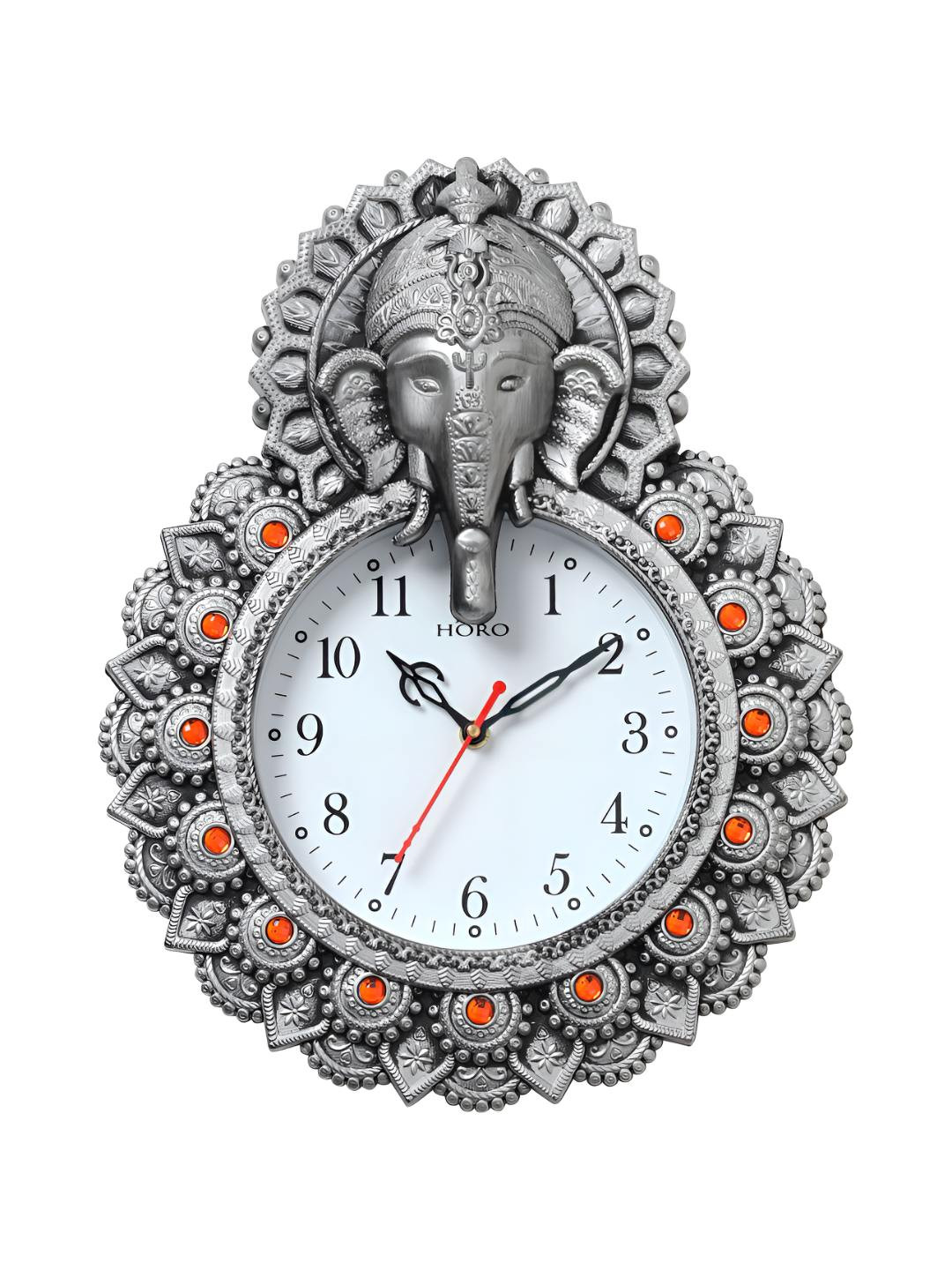 Buy Horo Silver Toned & Red Ganesh Printed Traditional Analogue Wall ...